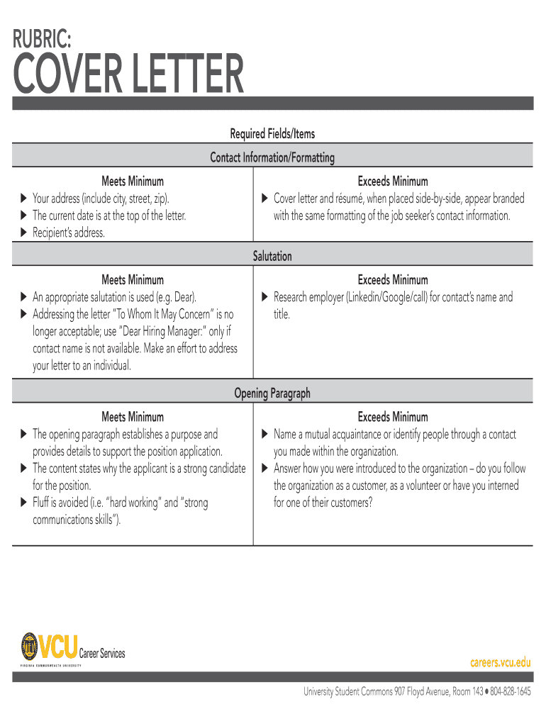 Fillable Online RUBRIC COVER LETTER - bVCUb Career Services Fax Email ...
