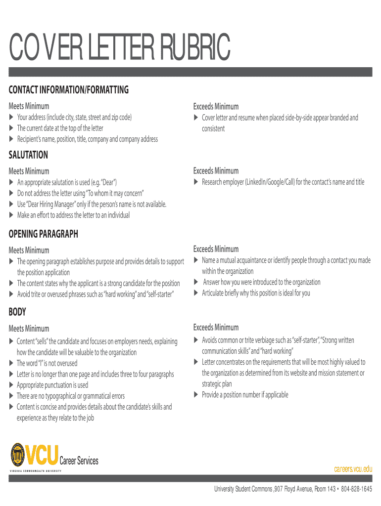 Fillable Online COVER LETTER RUBRIC - bVCUb Career Services Fax Email ...