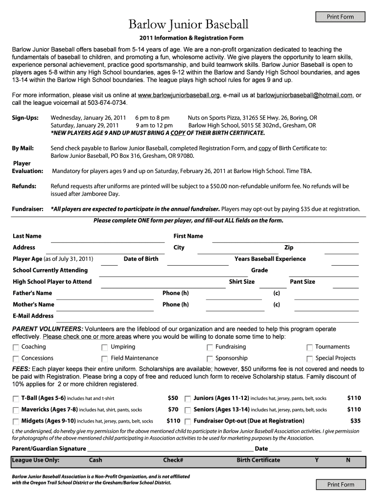Fillable Online barlowjuniorbaseball Print Form Barlow Junior Baseball ...