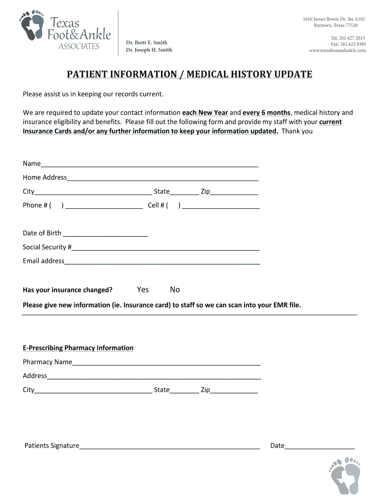 Fillable Online Update Medical Records Sheet - Texas Foot amp Ankle Fax ...