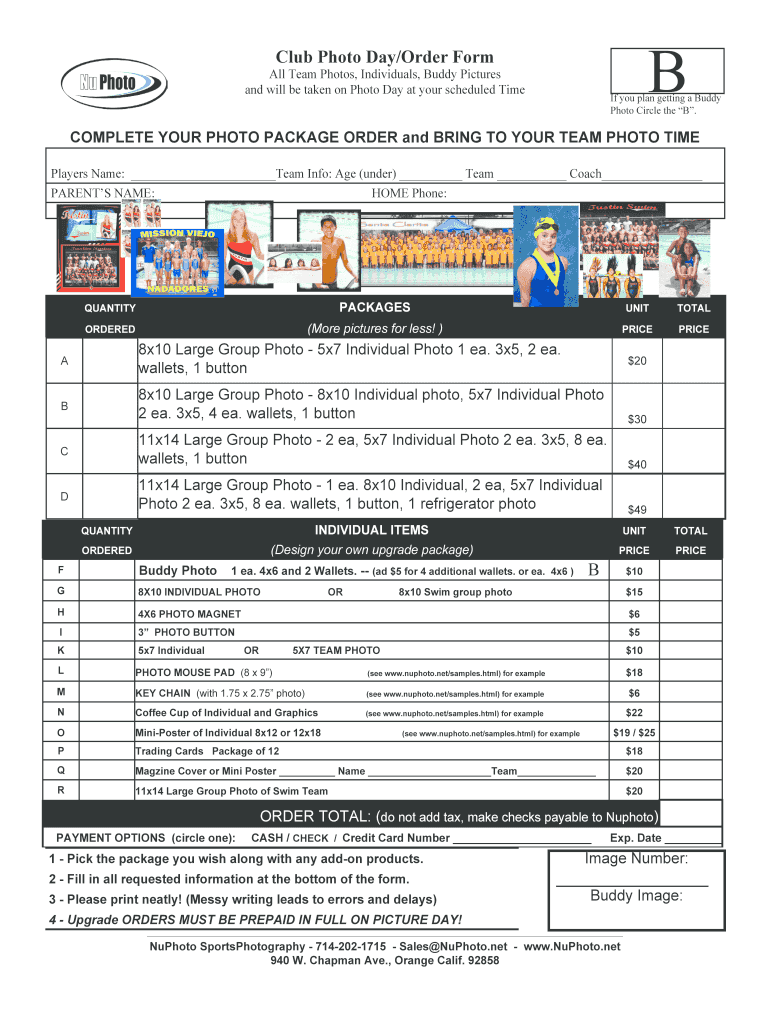 Fillable Online Club Photo DayOrder Form B - socalaquaticscom Fax Email ...