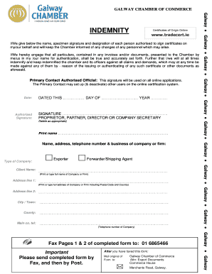 Fillable Online Indemnity bFormb - Galway Chamber Fax Email Print ...