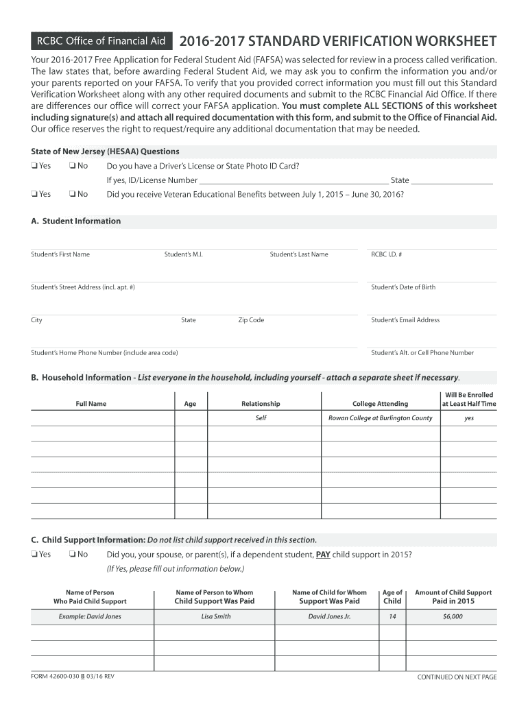 2016-2017 Standard Verification Worksheet - Burlington County bb: Fill ...