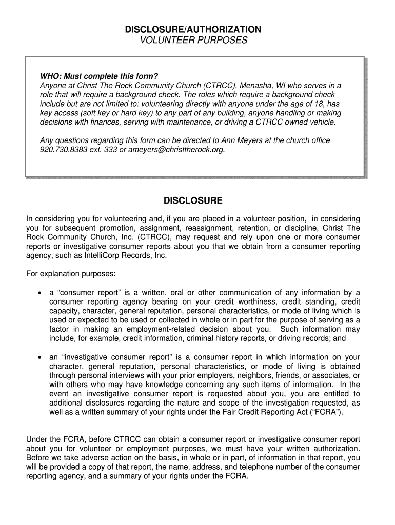 Fillable Online christtherock VOLUNTEER Disclosure and Authorization PRINTABLE form ...