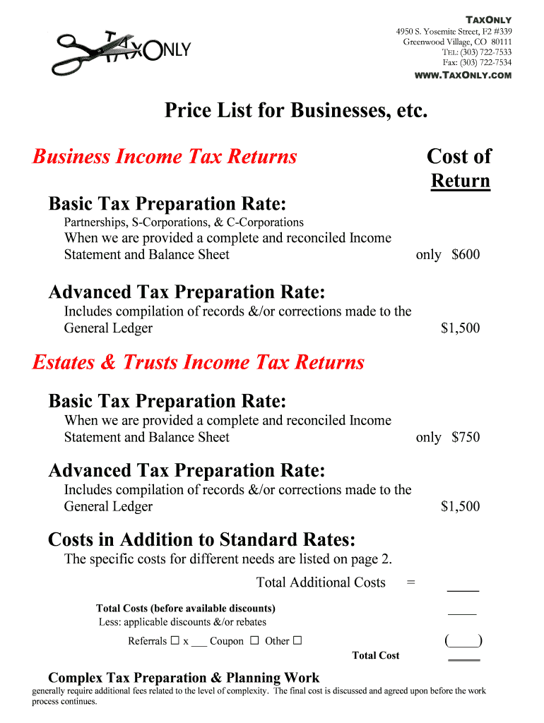Fillable Online Price List for Businesses - bTaxonlyb Fax Email Print ...