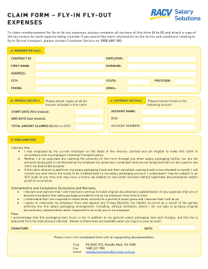 Fillable Online Claim bformb fly-in fly-out expenses - RACV Salary ...