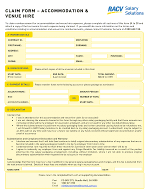 Fillable Online Claim bformb accommodation amp venue hire - RACV Salary ...