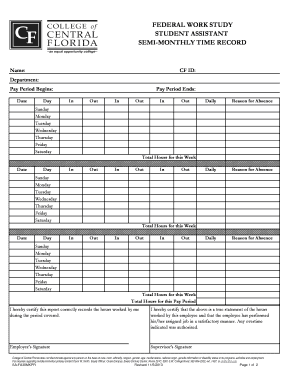 Fillable Online Federal work study student assistant semi-monthly time ...