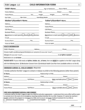 Fillable Online Kids League CHILD INFORMATION FORM Fax Email Print ...