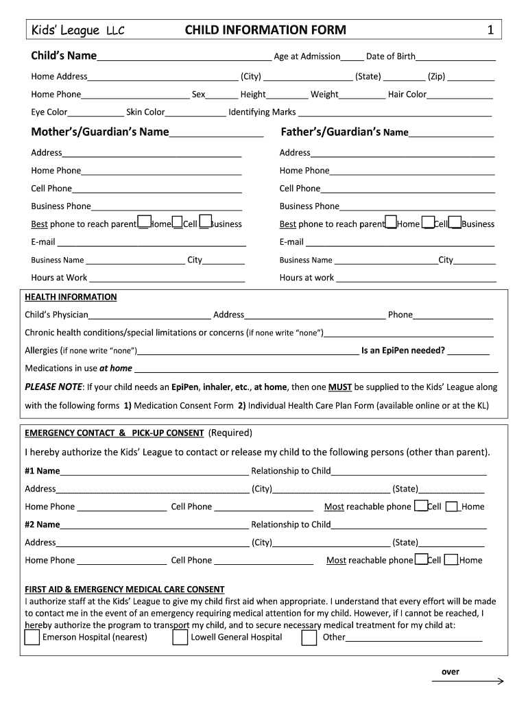 Fillable Online Kids League CHILD INFORMATION FORM Fax Email Print ...