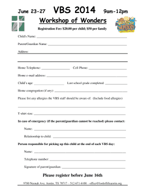 Fillable Online lordoflifeaustin Printable VBS Registration Form ...