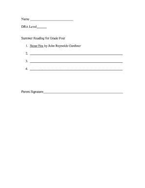 Fillable Online Name DRA Level Summer Reading for Grade Four 1 Stone ...