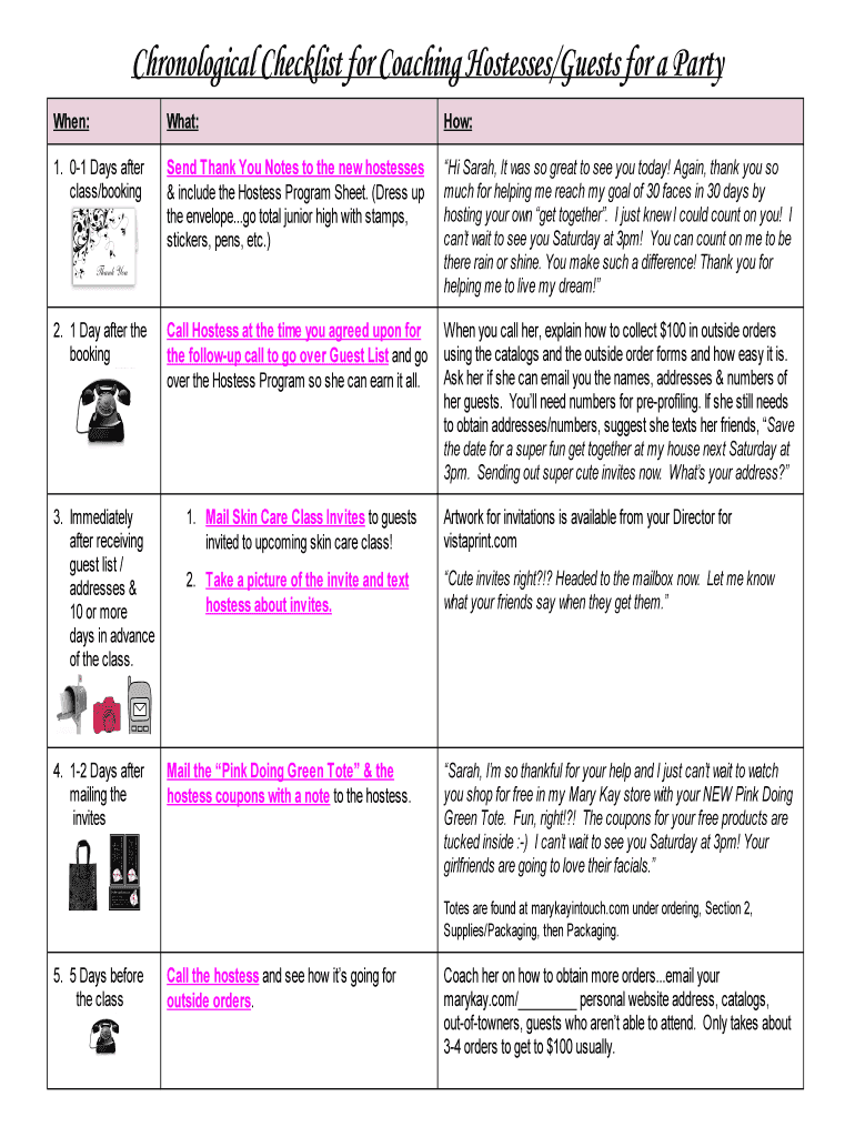 Fillable Online Chronological Checklist for Coaching HostessesGuests ...
