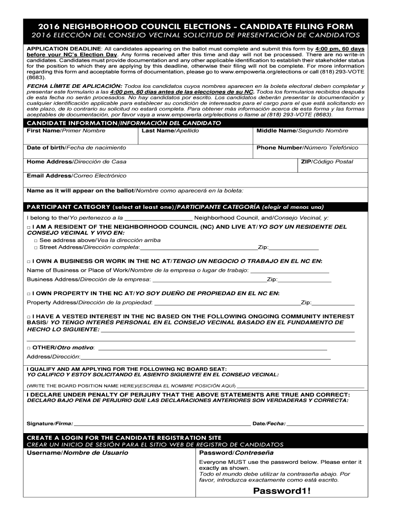 Fillable Online 2016 NEIGHBORHOOD COUNCIL ELECTIONS CANDIDATE FILING ...