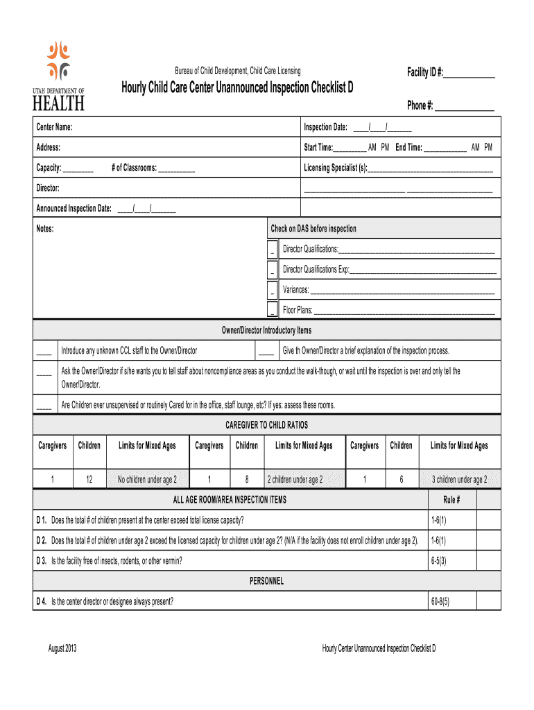 Fillable Online Hourly Child Care Center Unannounced Inspection ...