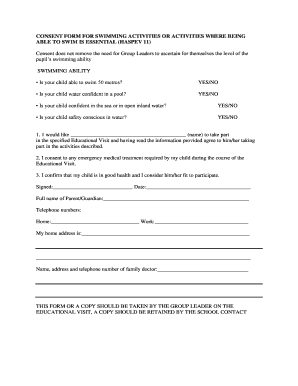 Fillable Online bramingham CONSENT FORM FOR SWIMMING ACTIVITIES OR ...