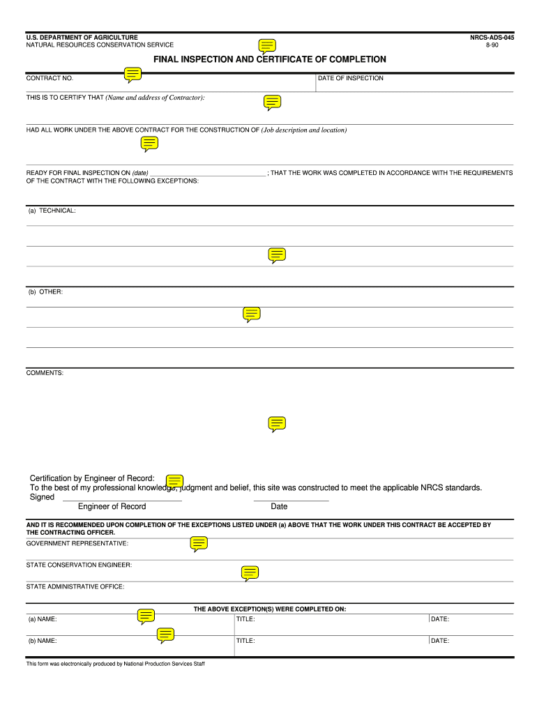 Fillable Online FINAL INSPECTION AND CERTIFICATE OF COMPLETION Fax ...