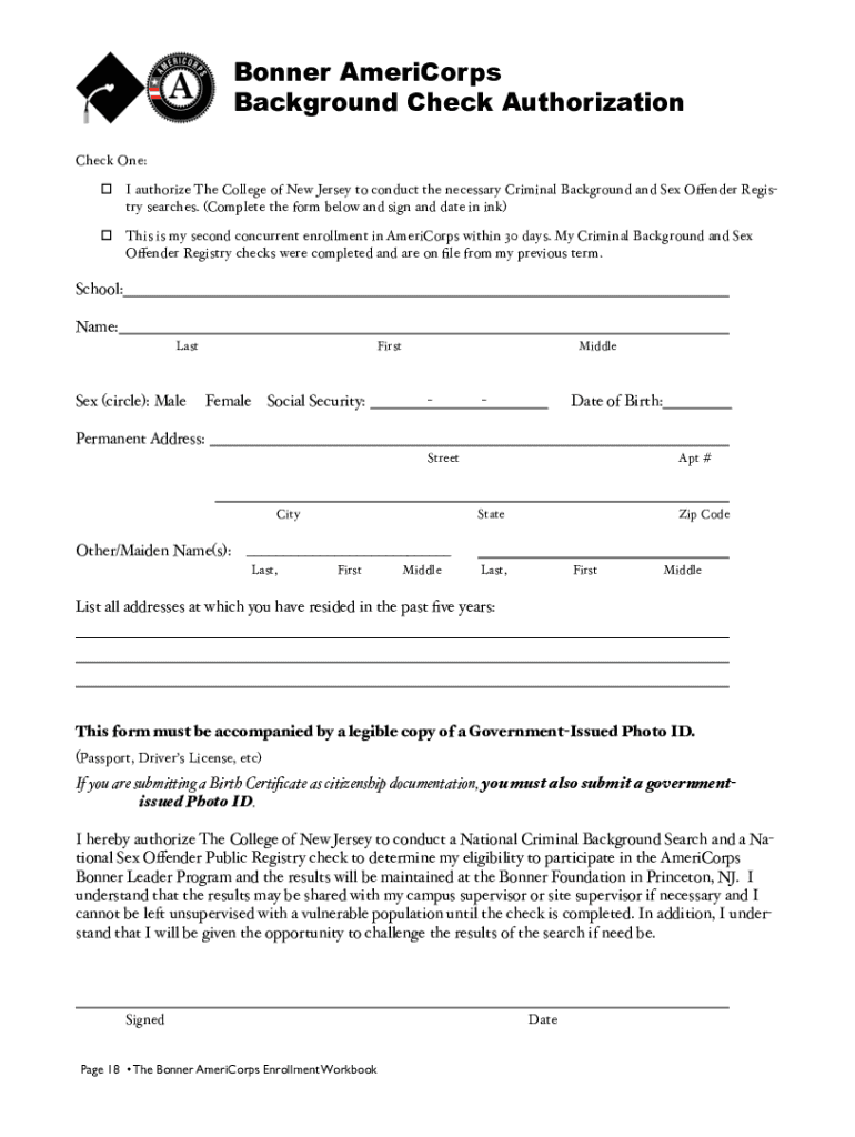 Fillable Online Bonner AmeriCorps Background Check Authorization Fax ...