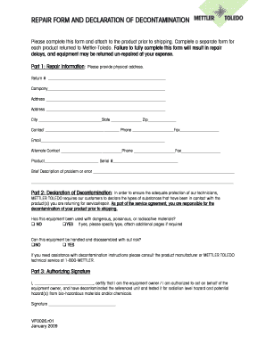 Fillable Online Product Use and Decontamination Declaration - Mettler Toledo Fax Email Print ...