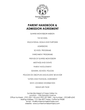 Fillable Online Parent handbook & admission agreement - Sunrise ...