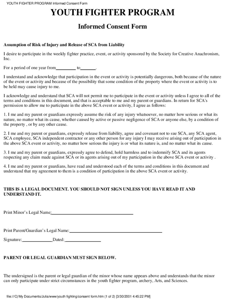 Fillable Online YOUTH FIGHTER PROGRAM Informed Consent Form Fax Email ...