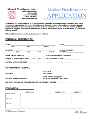 Fillable Online Almont Fire Department Medical First Responder ...