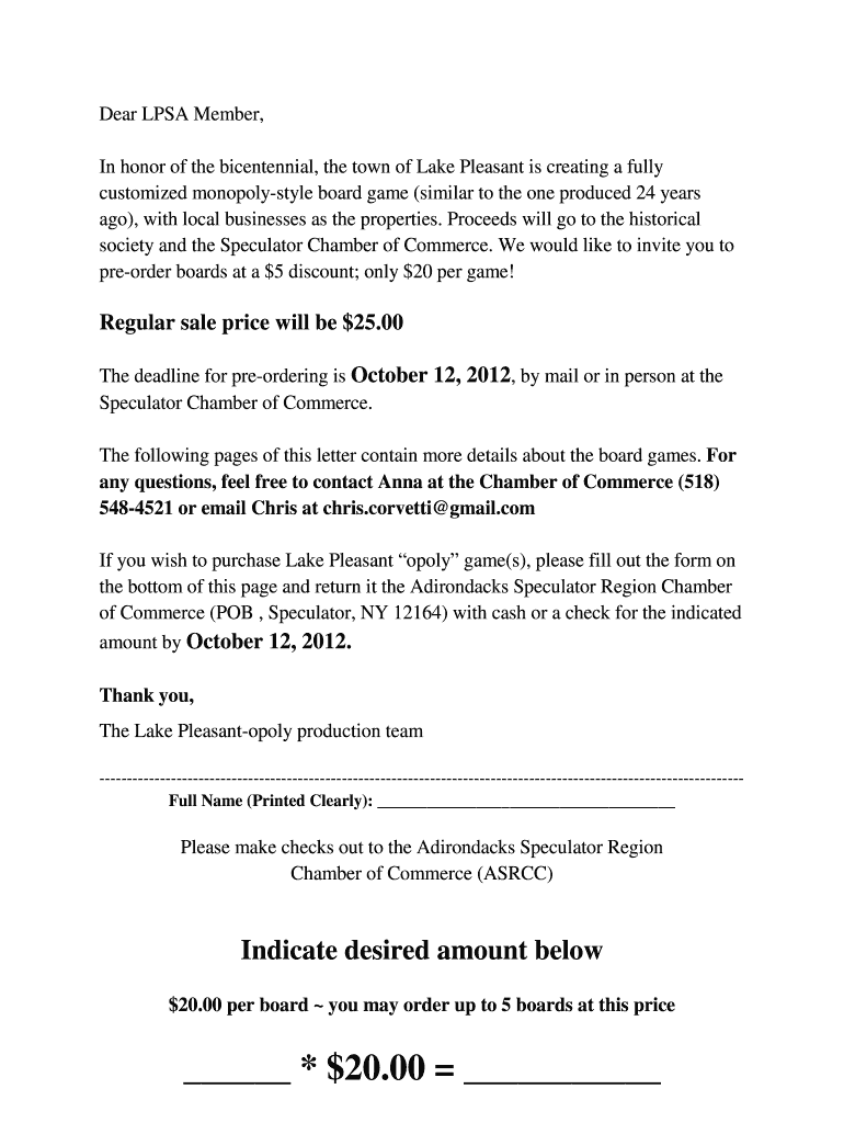 Fillable Online Lake Pleasant-opoly Pre-order Form Fax Email Print ...