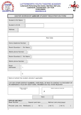 Fillable Online EASTER WORKSHOP JUNIOR STUDENT REGISTRATION FORM Fax ...