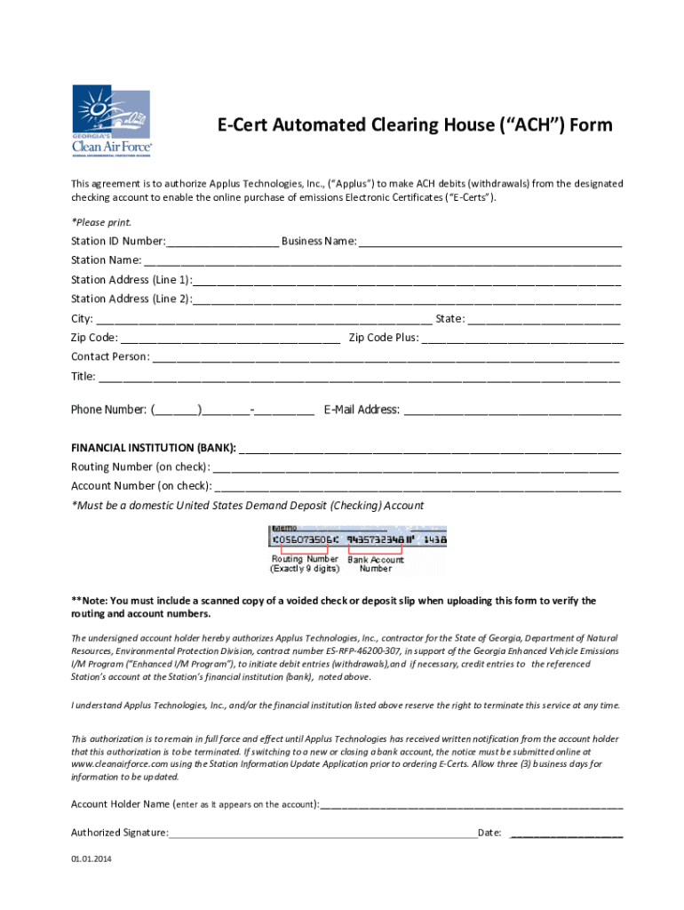 Fillable Online ACH Authorization Form for Electronic Certificates Fax ...