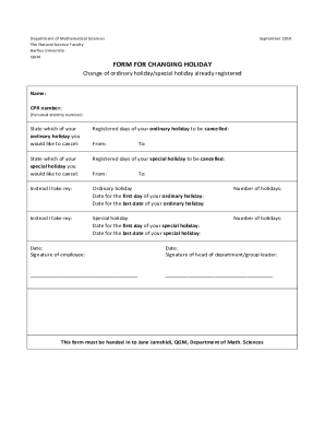 Fillable Online Form for changing holiday (pdf) - For employees Fax ...