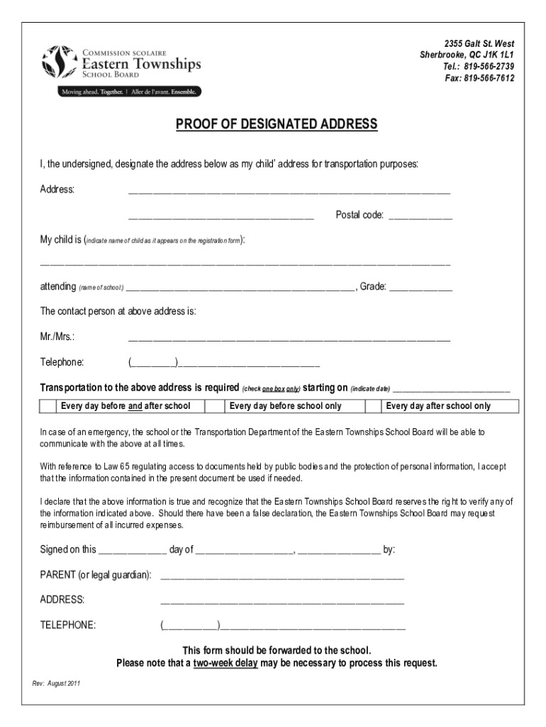 Fillable Online Proof of Designated Address for Transportation Fax ...