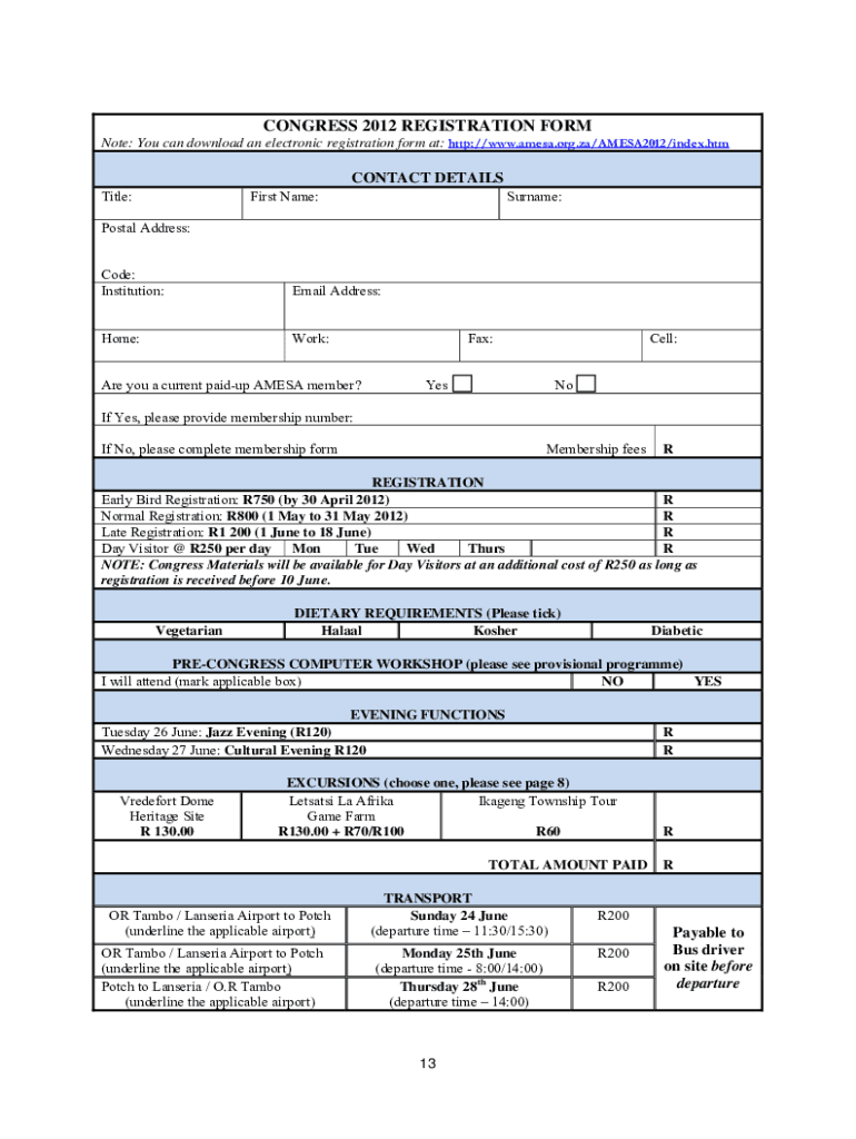 Fillable Online Congress 2012 Registration and Membership Application ...