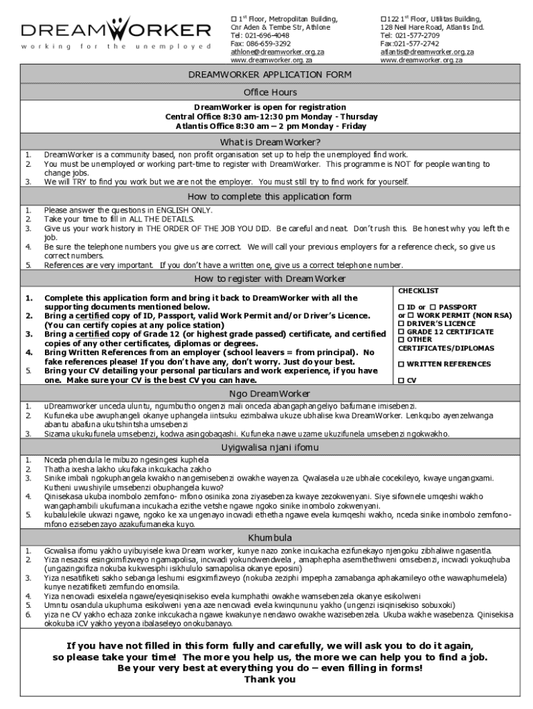 Fillable Online DreamWorker Application Form Fax Email Print - pdfFiller