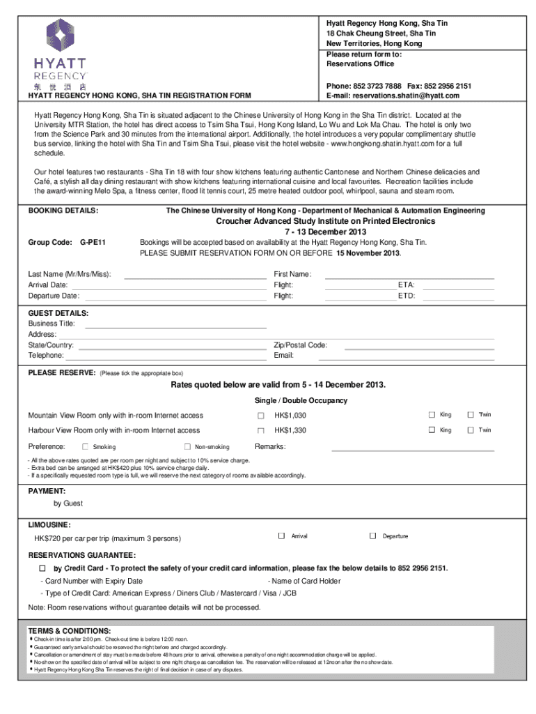 Fillable Online Hyatt Regency Hong Kong, Sha Tin Registration Form Fax ...
