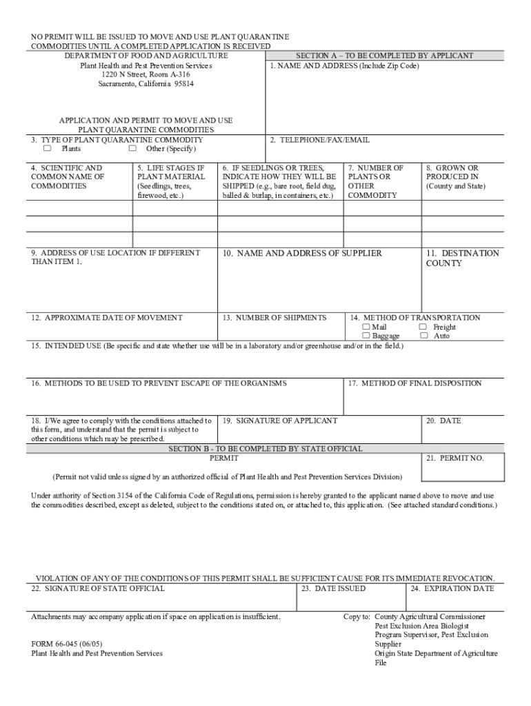 Fillable Online Application and Permit to move and use Plant Quarantine ...