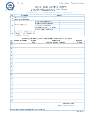 Fillable Online iiti ac General advance settlement form - Indian ...