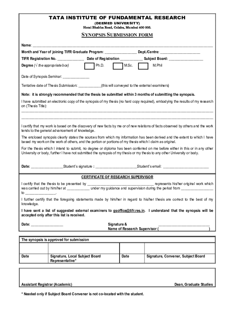 Fillable Online Synopsis Submission Form for TIFR Graduate Program Fax ...