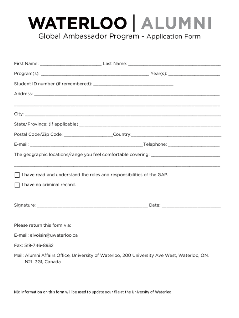 Fillable Online Global Ambassador Program Application Fax Email Print - pdfFiller