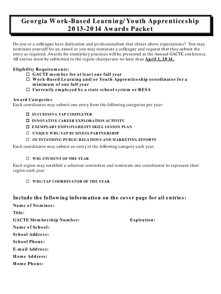 Fillable Online Georgia Work-Based Learning/Youth Apprenticeship Awards ...