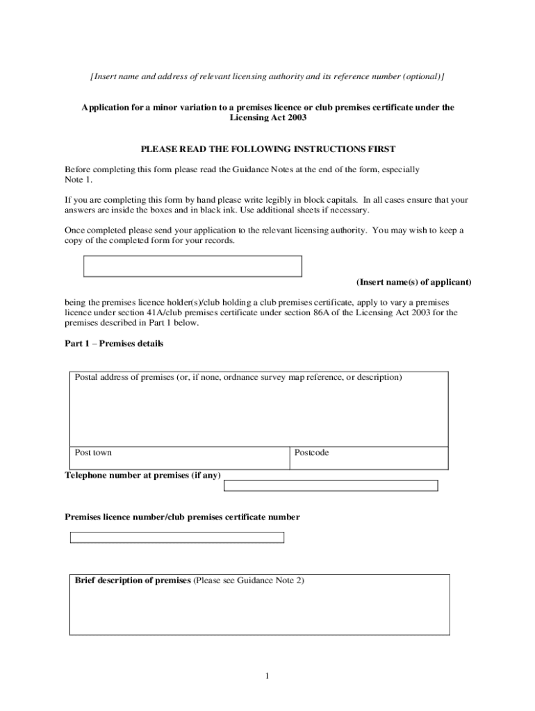 Fillable Online Application for a minor variation to a premises licence or club premises ...