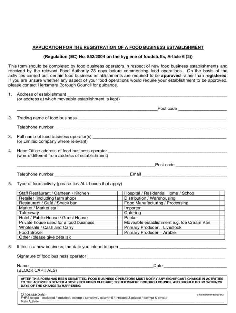 Fillable Online Application for Food Business Registration Fax Email ...