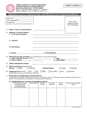 Fillable Online FORM NO. IRD/E-6 Indian Institute of Technology Delhi ...