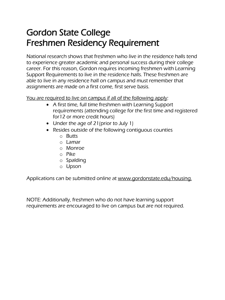 Fillable Online Freshmen Residency Requirement at Gordon State College ...