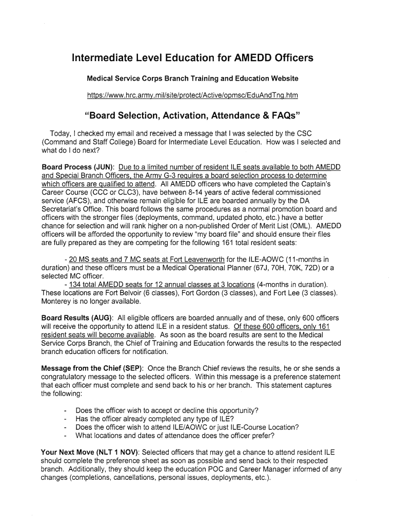 Fillable Online Intermediate Level Education for AMEDD Officers Fax ...