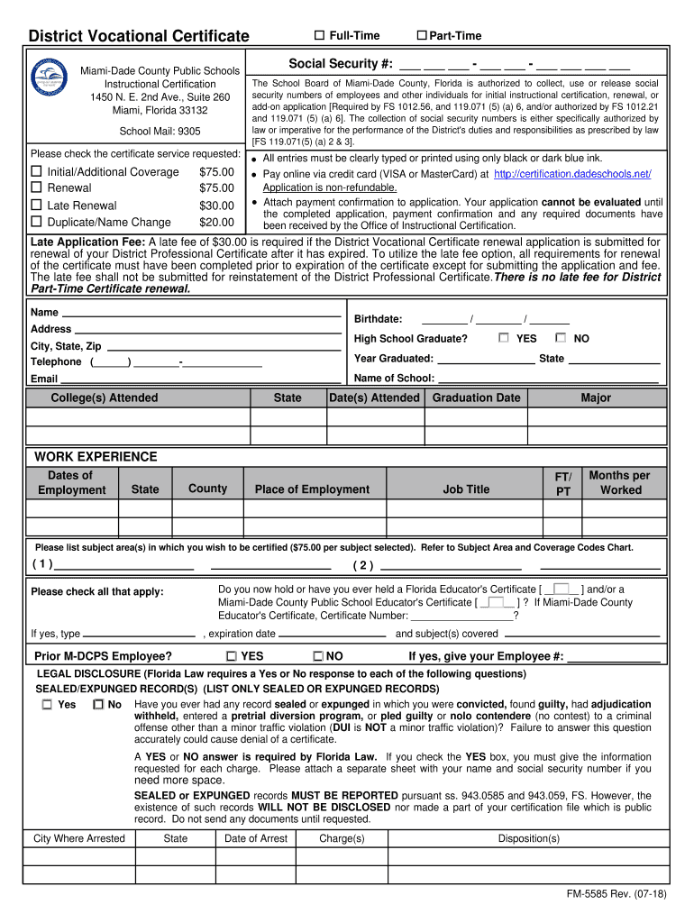 Fillable Online District Vocational Certificate Application (FM-5585 ...