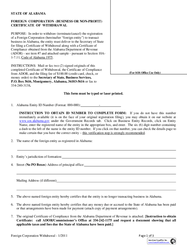 Fillable Online Certificate of Withdrawal for Foreign Corporations Fax ...