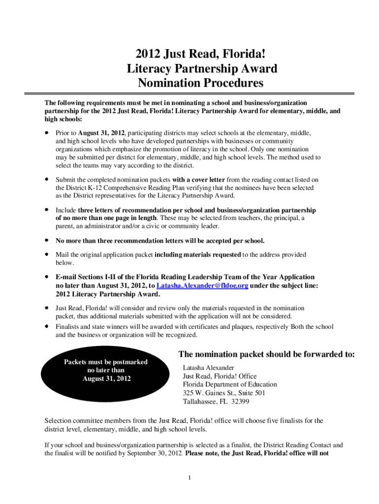Fillable Online 2012 Just Read, Florida! Literacy Partnership Award ...
