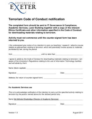 Fillable Online as exeter ac Terrorism Code of Conduct notification ...