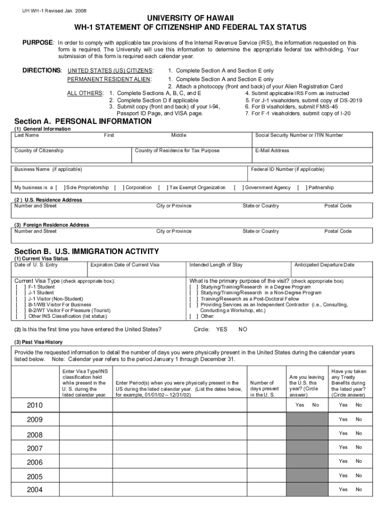 Fillable Online WH-1 Statement of Citizenship and Federal Tax Status ...
