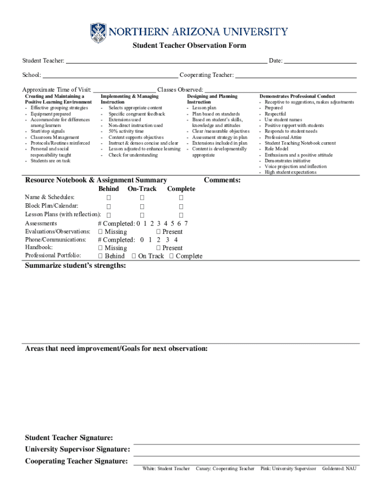Fillable Online Student Teacher Observation Form Fax Email Print ...